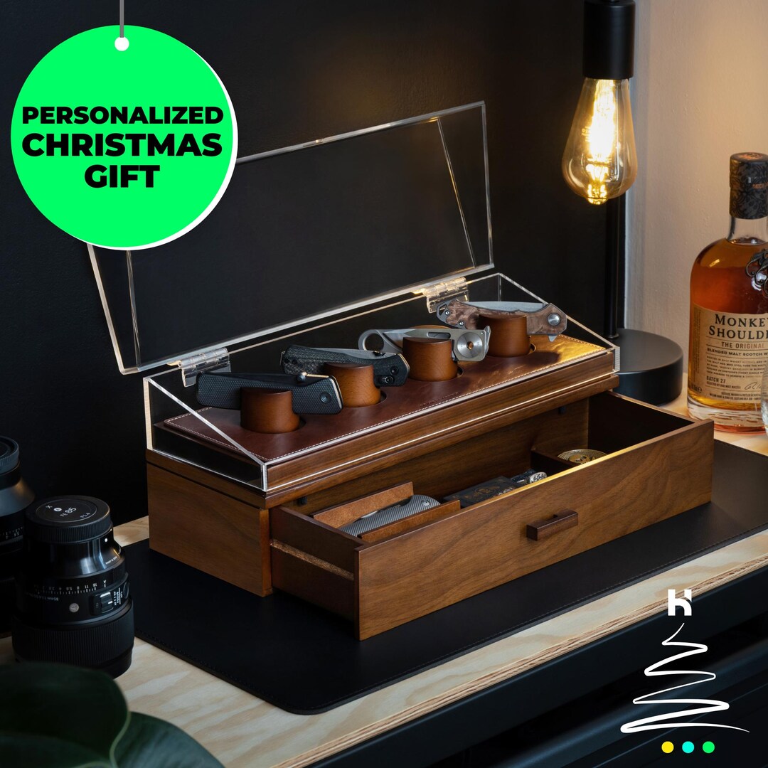 Handcrafted Wooden Pocket Knife Display Case With Drawer Premium Knife ...