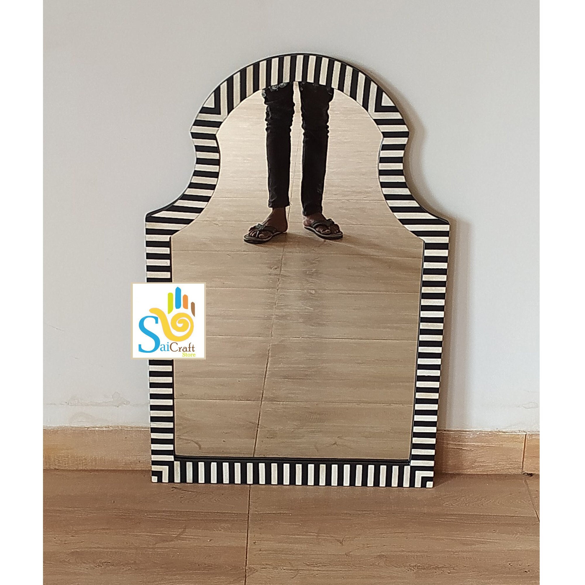 Handmade Wooden Bone Inlay Stripped Pattern Mirror Frame / Wall Decor ...