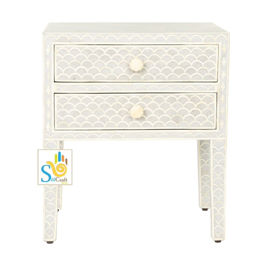 Handmade Wooden Bone Inlay 2 Drawer Fish Scale Pattern Bedside ...