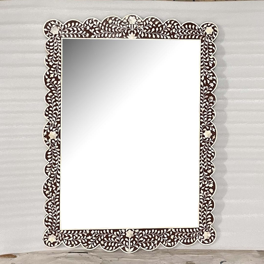 Handmade Wooden Bone Inlay Floral Pattern Mirror Frame / Wall Decor ...