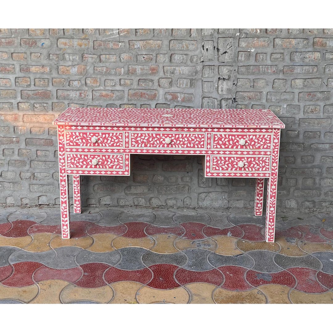 Handmade Wooden Bone Inlay Floral Pattern Console Table With Free Gift ...