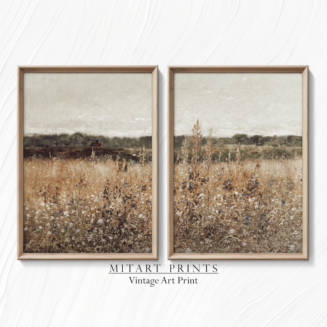 Set of 2 Printable Wildflower Field Prints, Vintage Landscape Large ...