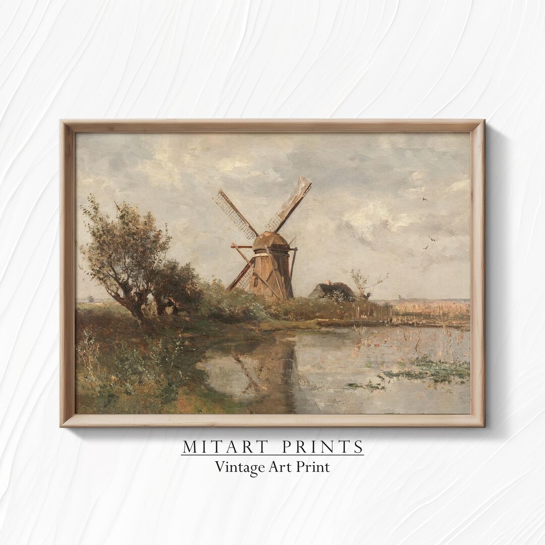 Vintage European Windmill Landscape Wall Art, Printable Dutch Windmill ...