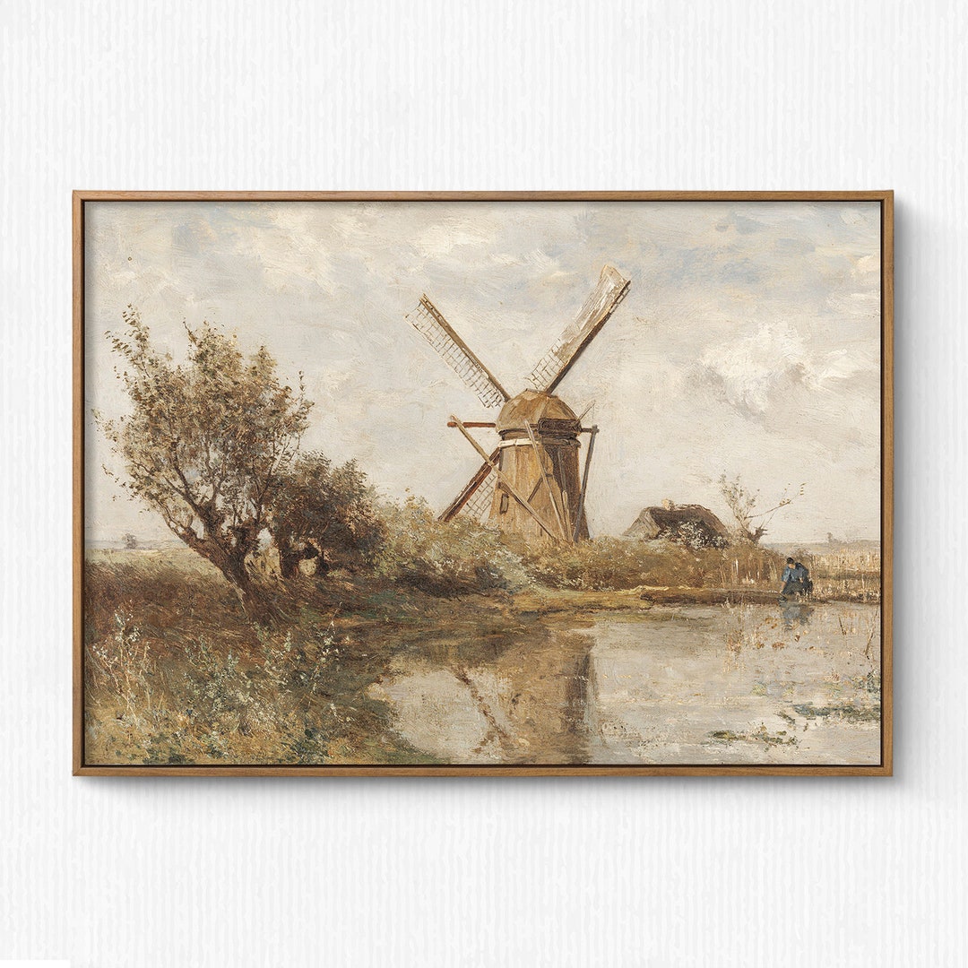 Dutch Windmill Landscape Painting, Windmill Wall Art, Vintage Holland ...