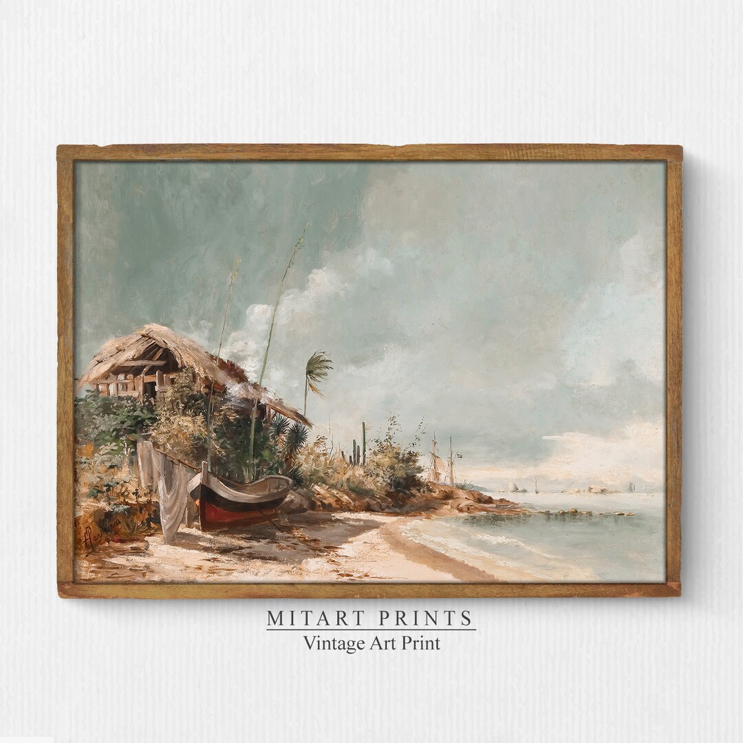 Vintage Tropical Painting, Antique Coastal Seaside Painting, Seascape ...