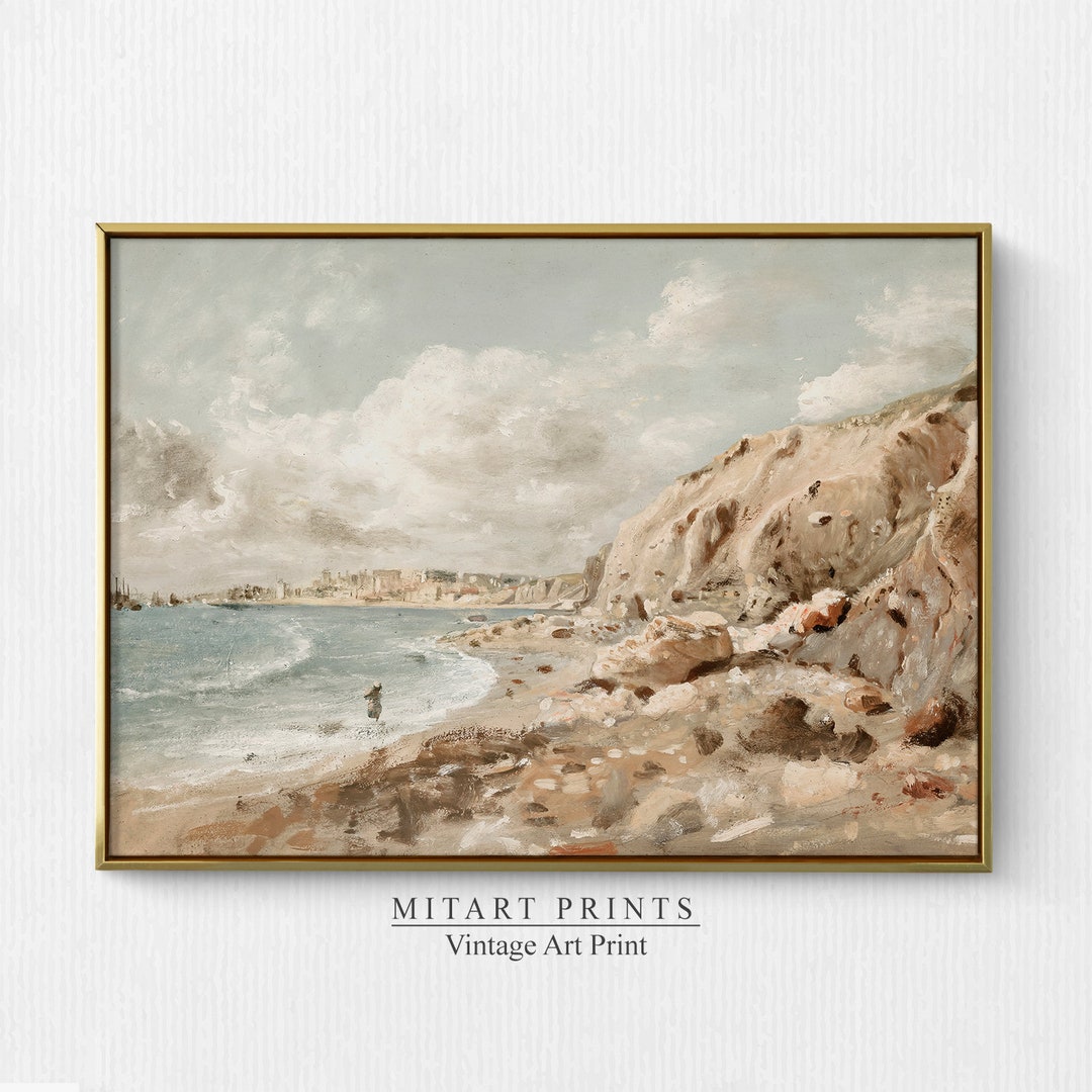 Vintage Coastal Seaside Painting, Rustic Beach Art Print, Beach House ...