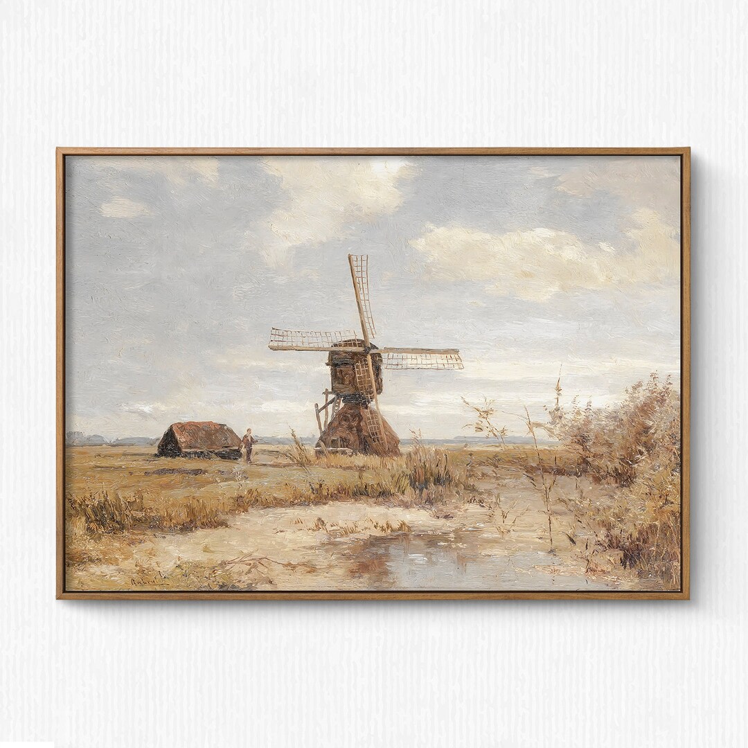 Dutch Windmill Landscape Painting, Windmill Vintage Print, Oil Painting ...