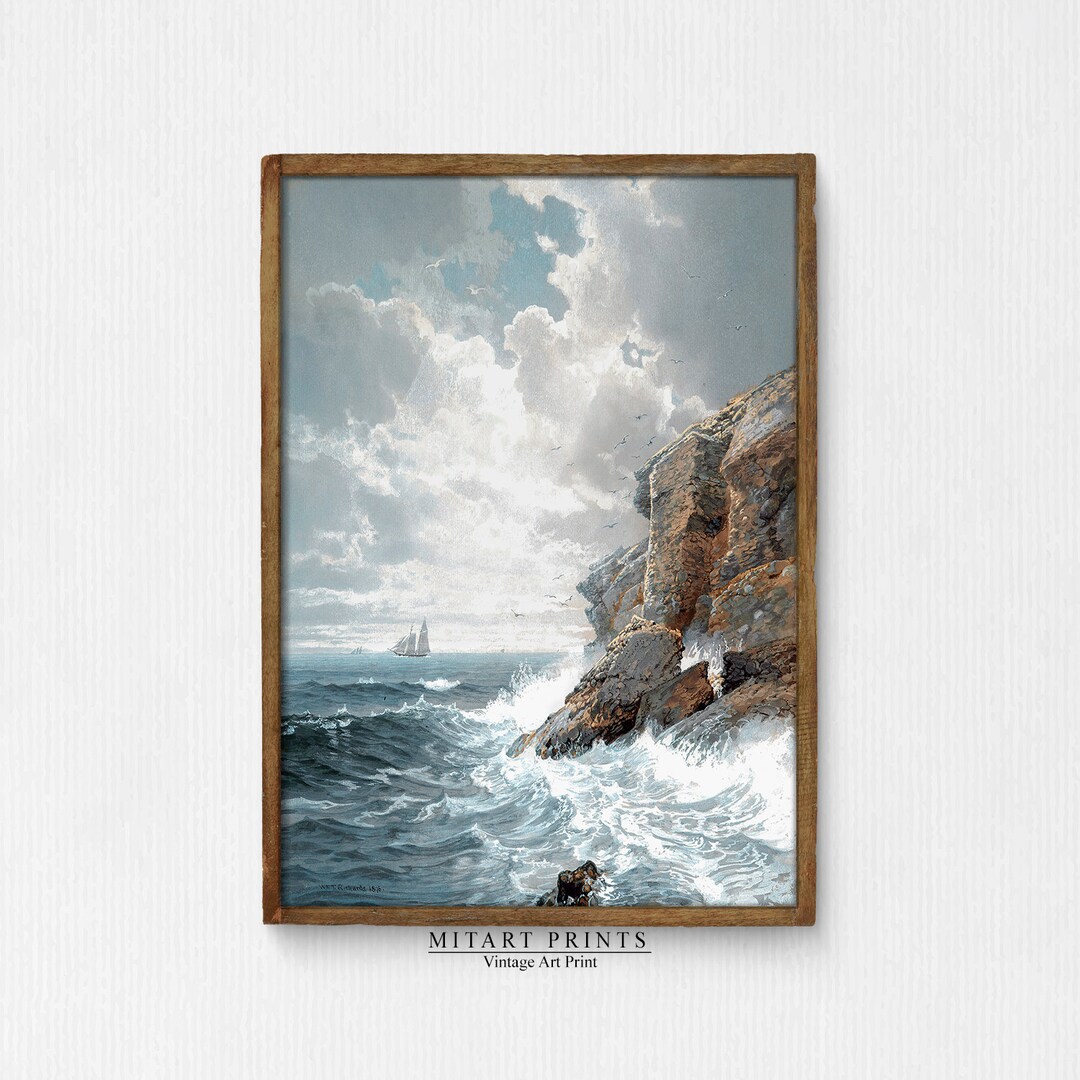 Ocean Shore Waves Print, Vintage Seascape Painting, Beach House Wall ...