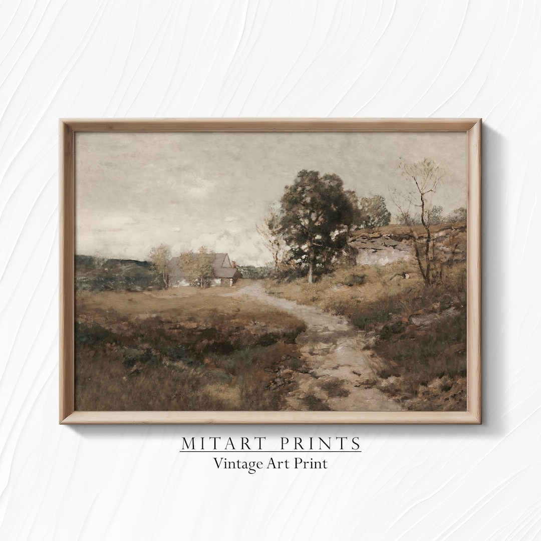 Calm Country Vintage Landscape Art Painting, Rustic Country Farmhouse ...