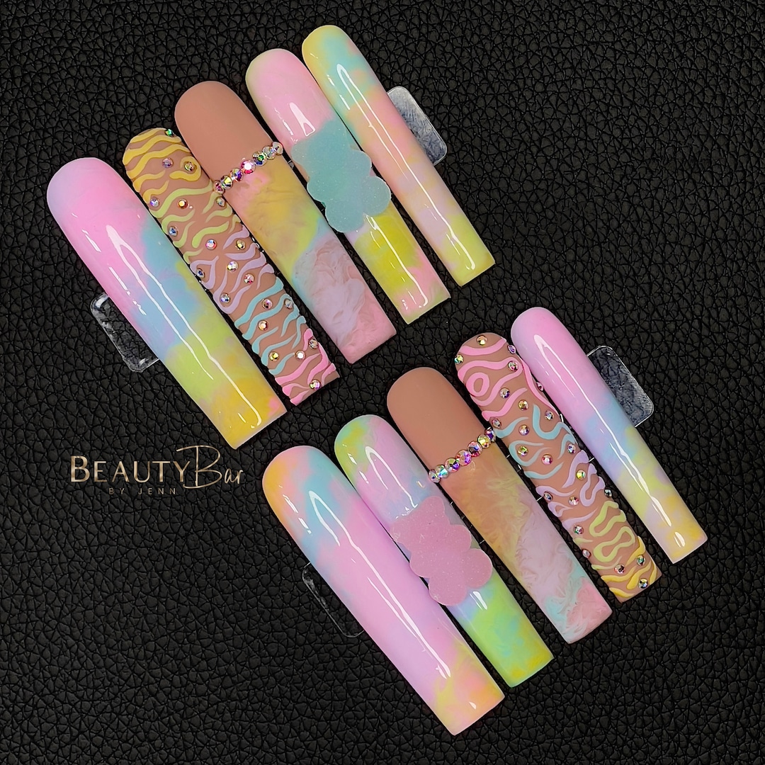 Spring It on Me | Pastel Press on Nails | 3XL Square Press Ons | Marble ...