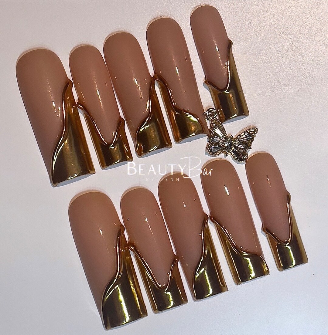 GOLDEN | 3D Chrome Nails | Press on Nails | 3XL Square Nails | XXL ...