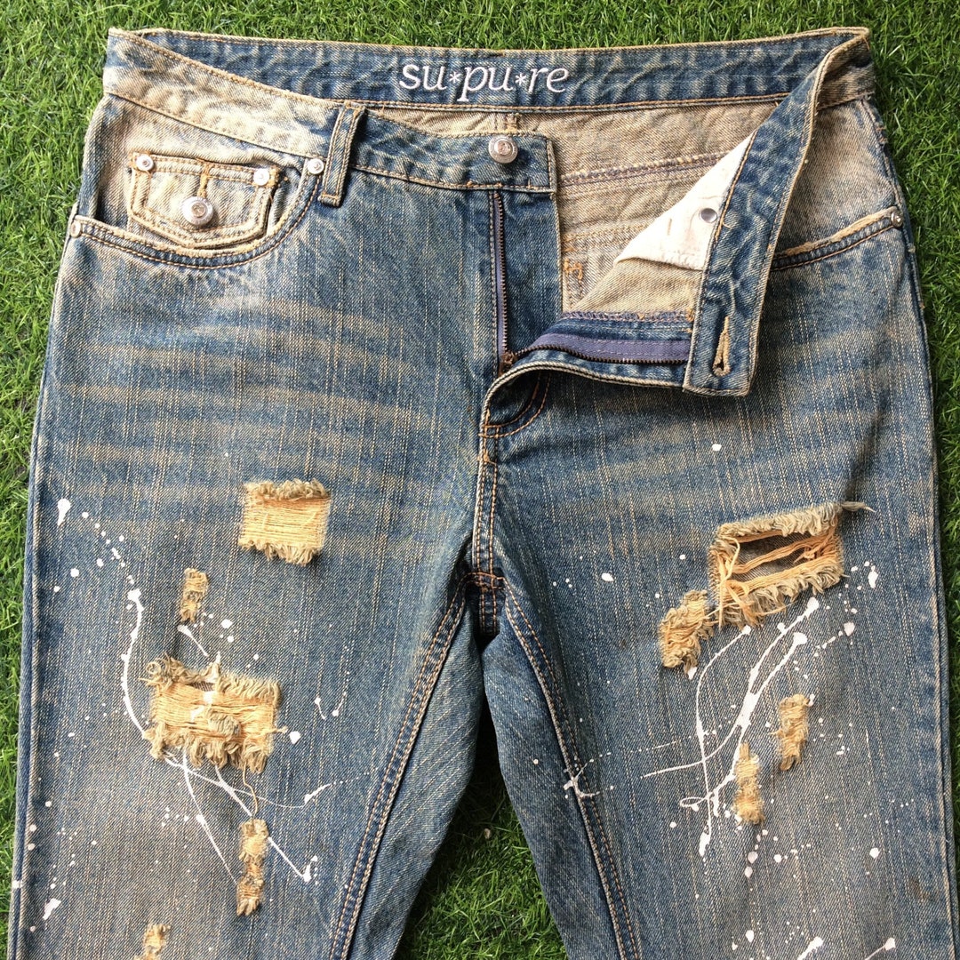 Y2K Distressed Boot Cut Ripped Paint Splatter Jeans Wide Leg Flare ...