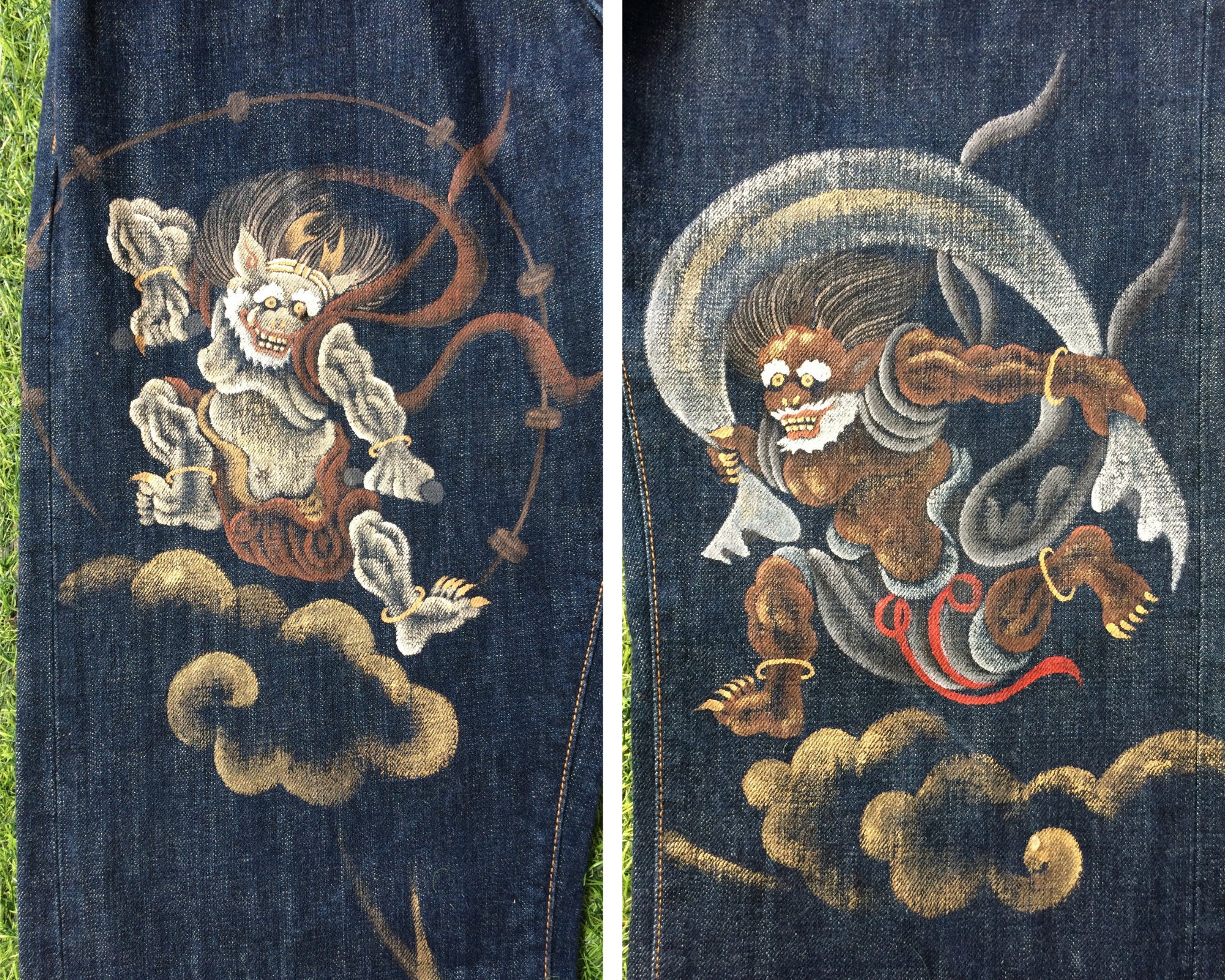 Size 33 Japanese Hand-painted Fujin Raijin Jeans W33 L34 ZEN - Etsy