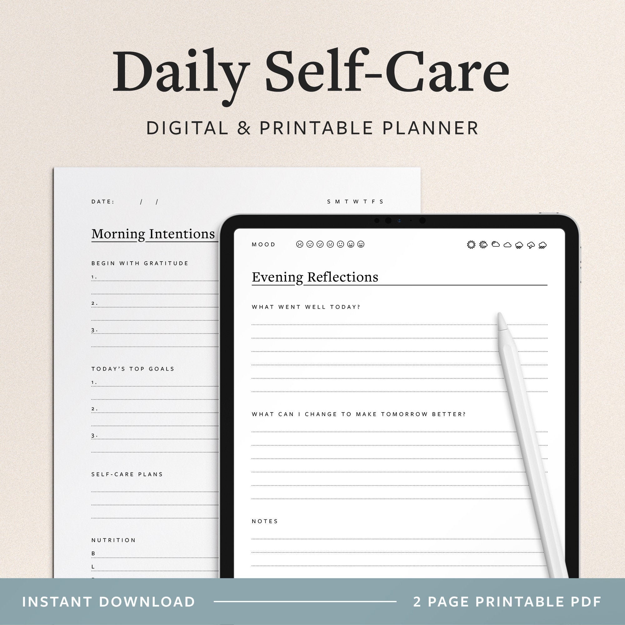 Evening Reflection Daily Self Care Planner and Wellness Journal 2 Page ...
