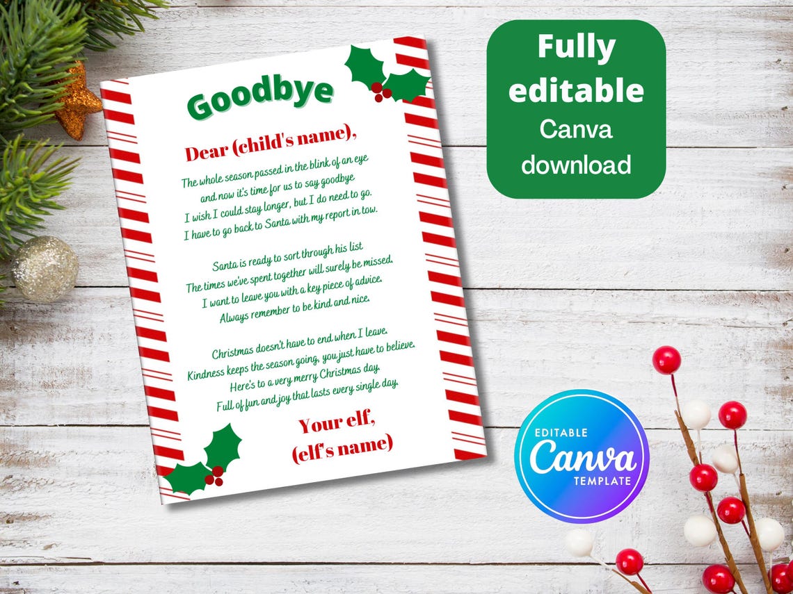 Editable Elf Letter One Elf Goodbye Letter, Canva Elf Printables, Elf ...