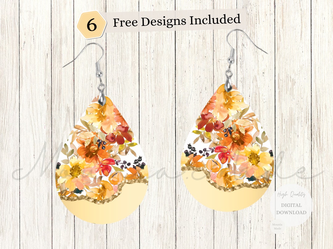 Floral Fall Earrings Sublimation Design PNG, Teardrop Earring Template ...