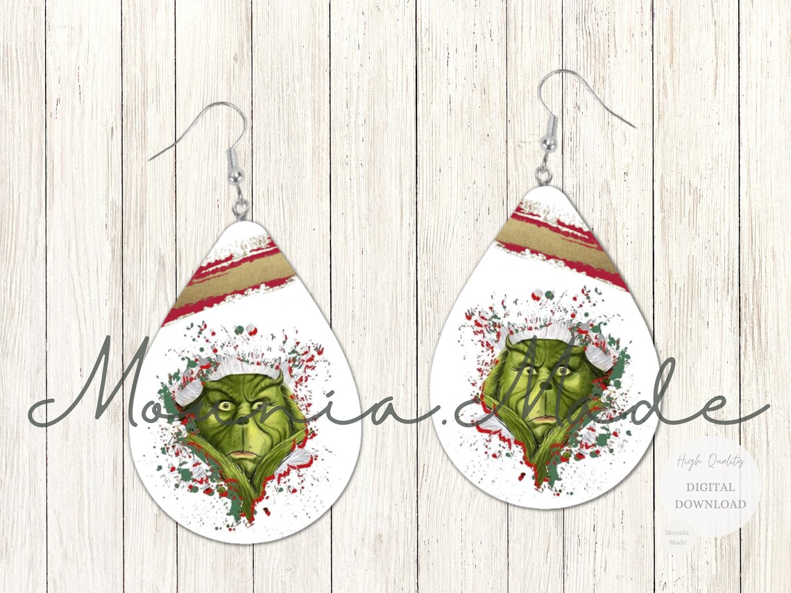 Grinch Holiday Earrings Sublimation Design PNG Winter - Etsy