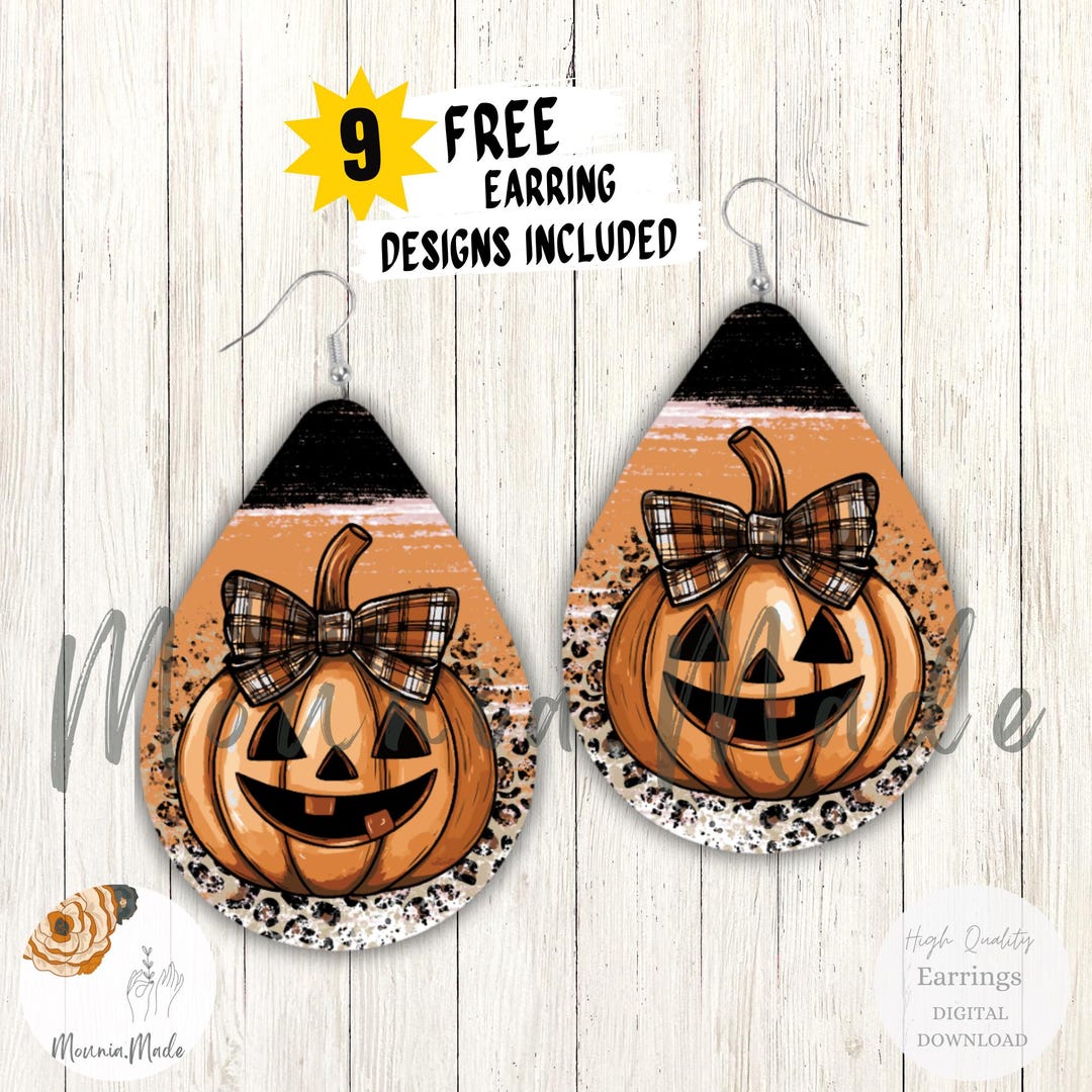Jack O Lantern Pumpkin Fall Teardrop Earrings PNG: Plaid Bow Autumn ...