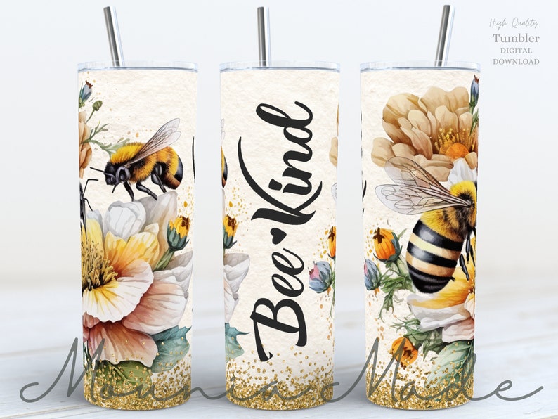 Bee Kind Glitter Tumbler Wrap – Floral Skinny Tumbler PNG (digital ...