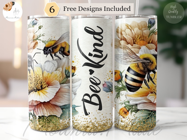 Bee Kind Glitter Tumbler Wrap – Floral Skinny Tumbler PNG (digital ...