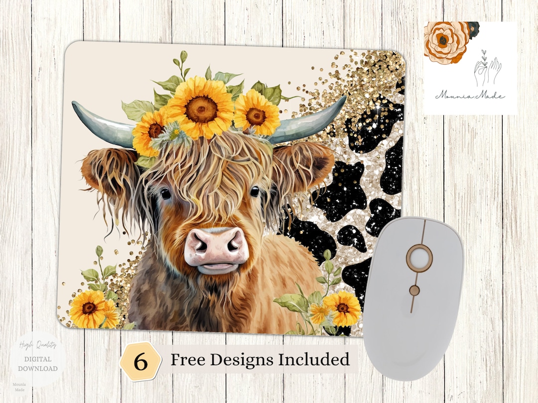 Highland Cow Mouse Pad Sublimation Design – Sunflower Glitter (digital ...
