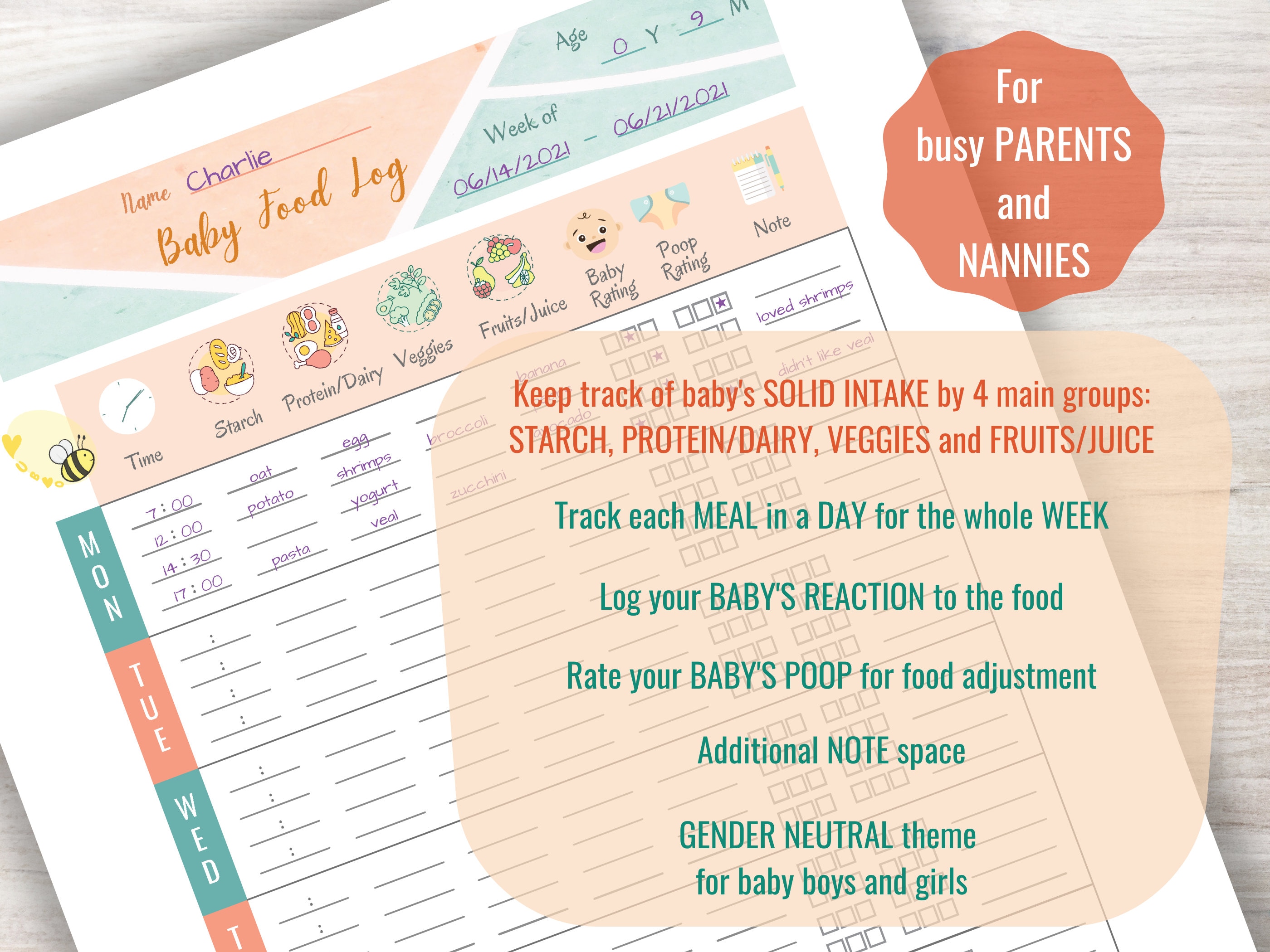 Baby Food Log Diary - Fillable Editable Printable - Solid Food Tracker ...