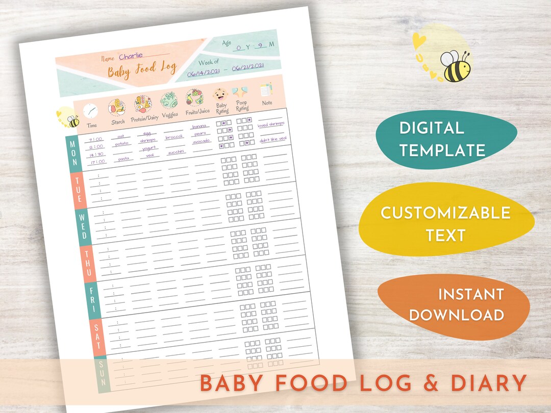 Baby Food Log Diary - Fillable Editable Printable - Solid Food Tracker ...