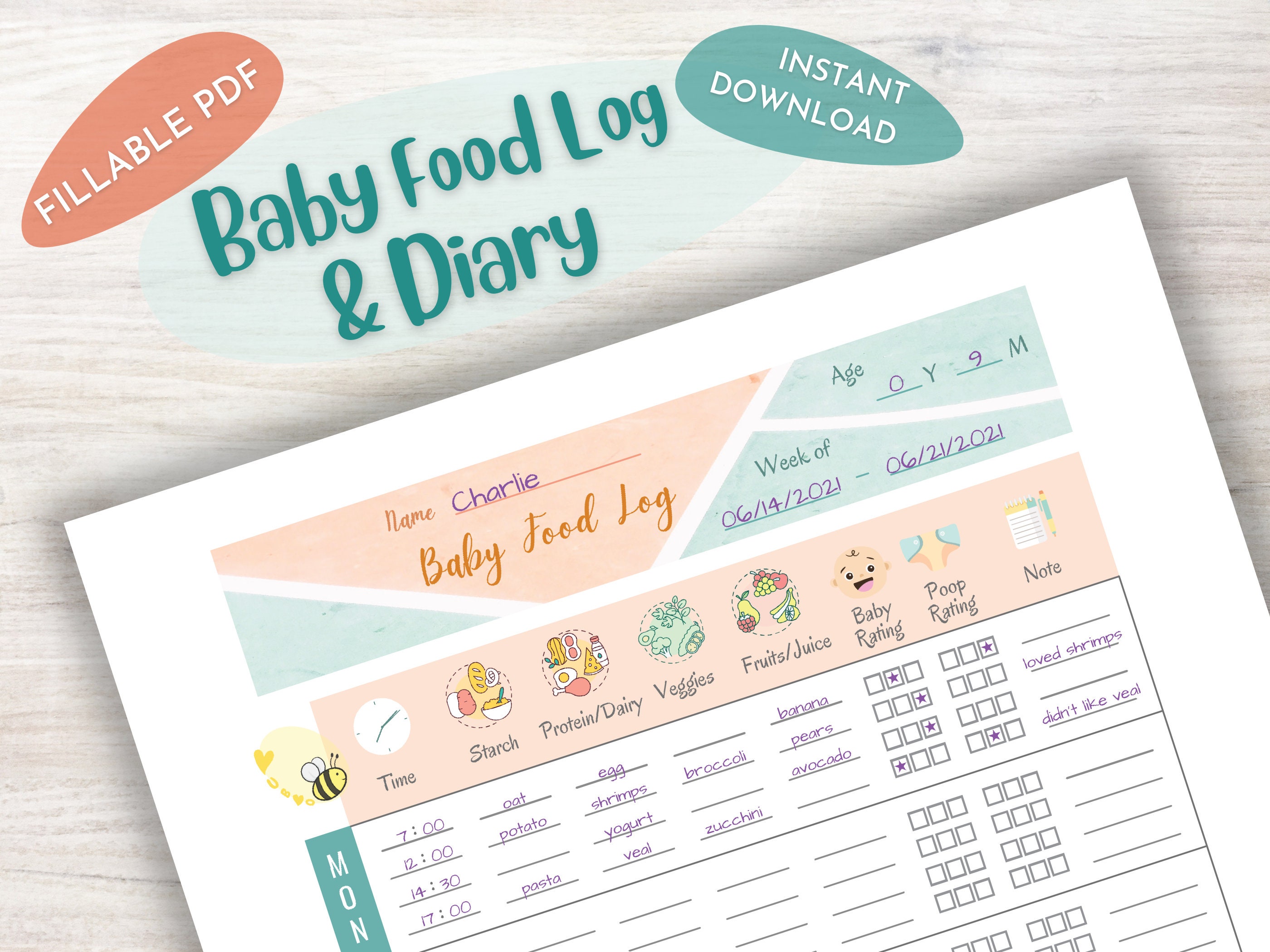 Baby Food Log Diary - Fillable Editable Printable - Solid Food Tracker ...