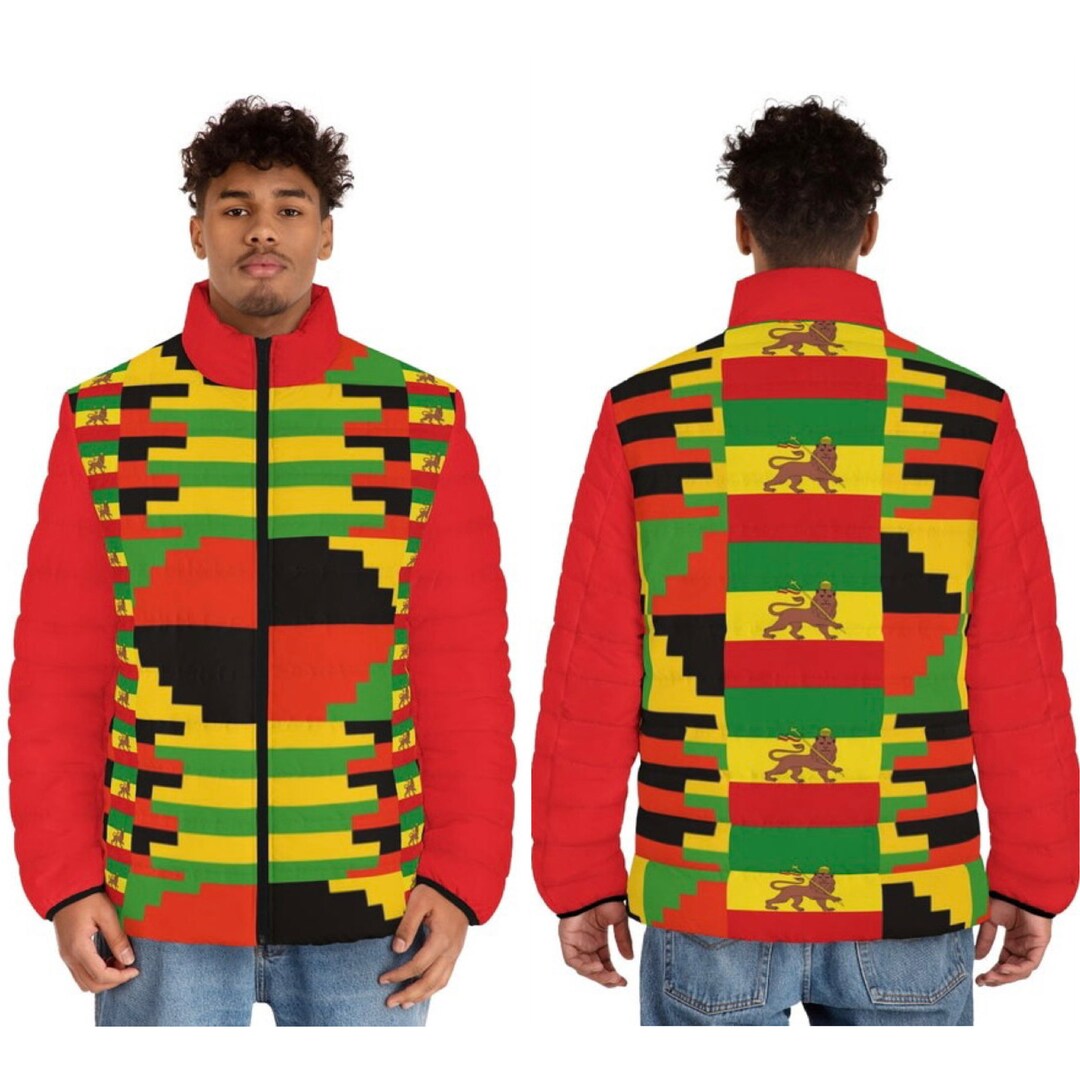Colourful Kente Rasta Unisex Puffer Jacket - Afro Caribbean - Black ...