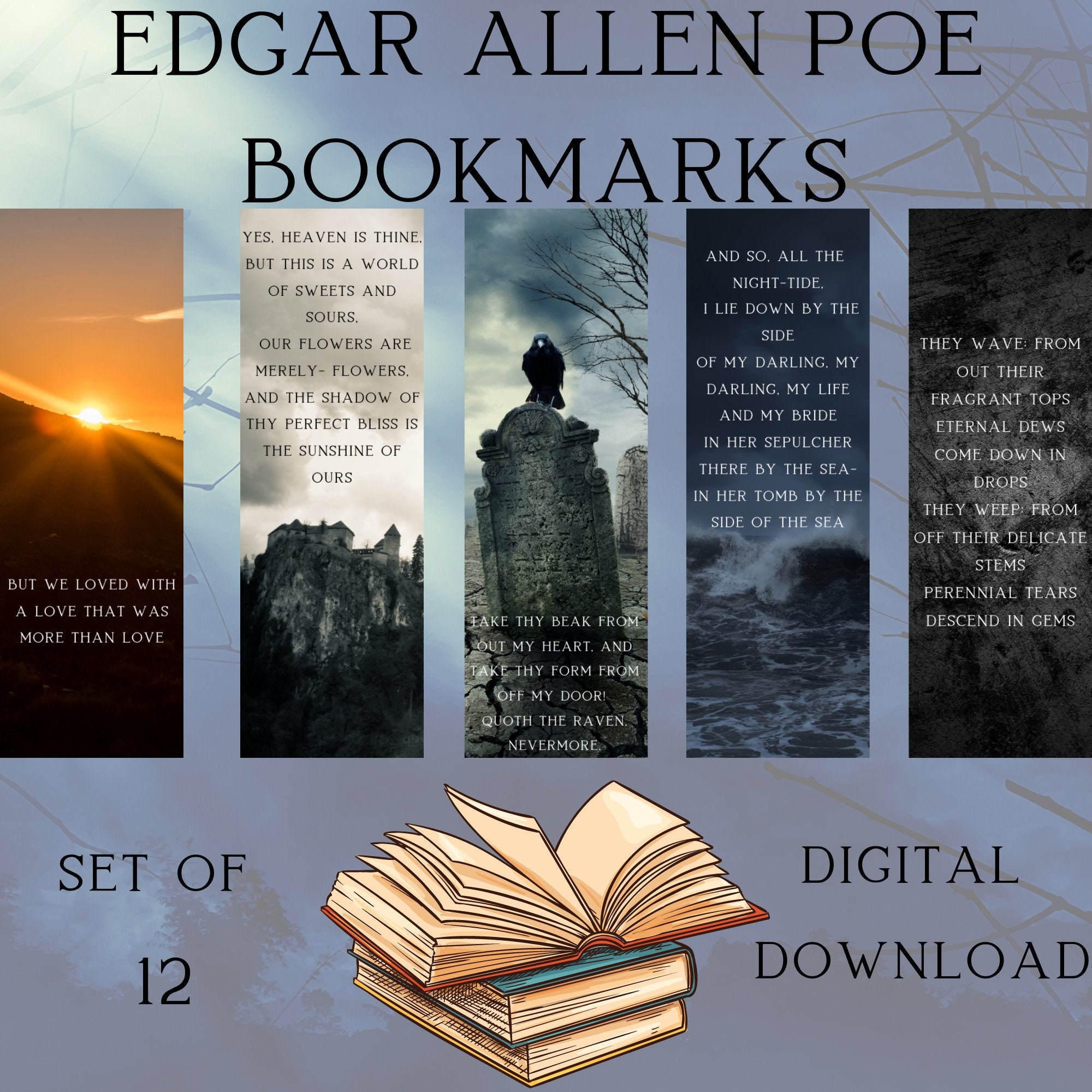 Printable Bookmarks / Edgar Allan Poe Bookmarks Set of 12 Author ...