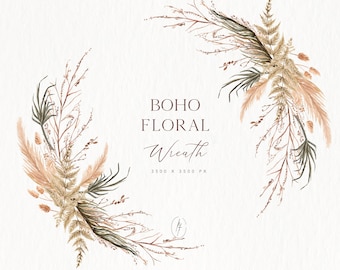 Boho Floral Wreath Clipart,boho Floral Png,watercolor Floral Clipart ...