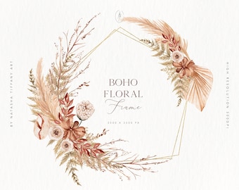 Boho Floral Frame Clipart,boho Floral Png,watercolor Floral Clipart ...