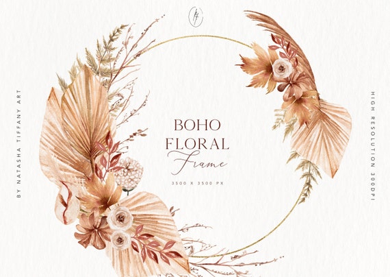 Boho Floral Frame Clipartboho Floral Pngwatercolor Floral - Etsy