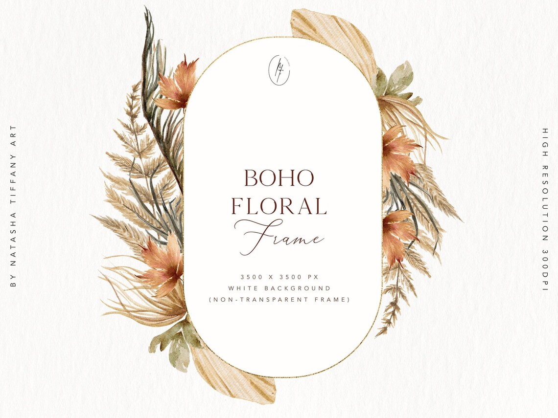 Boho Floral Frame Clipart,boho Floral Png,watercolor Floral Clipart ...
