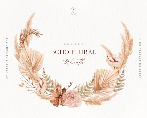 Boho Floral Wreath Clipartboho Floral Pngwatercolor Floral - Etsy