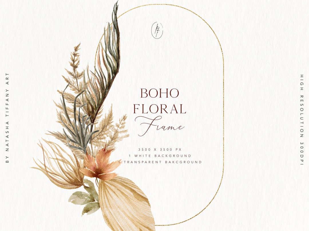 Boho Floral Frame Clipart,boho Floral Png,watercolor Floral Clipart ...