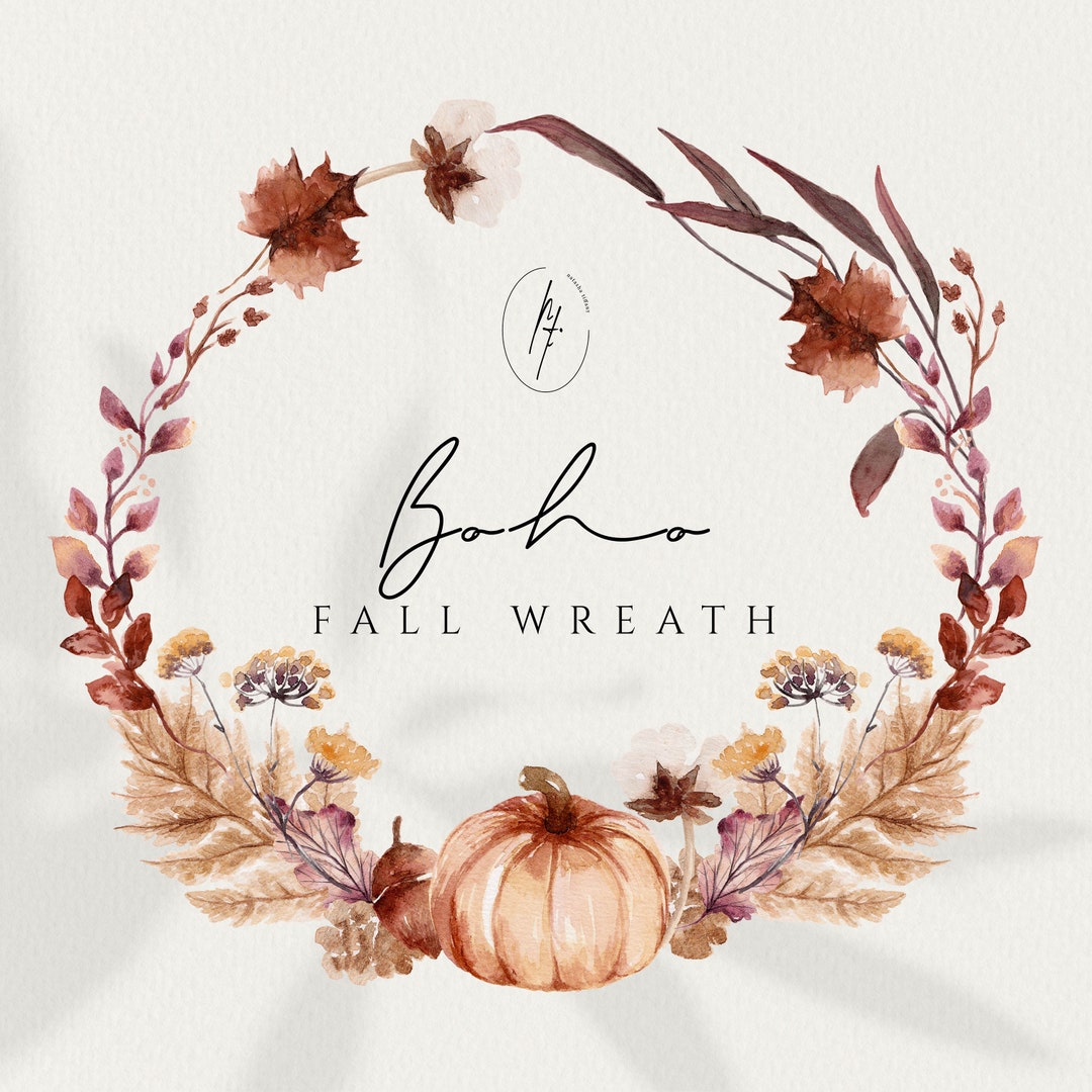 Floral Wreath, Boho Fall Clipart, Wedding Clipart, Fall Pumpkin Wreath ...