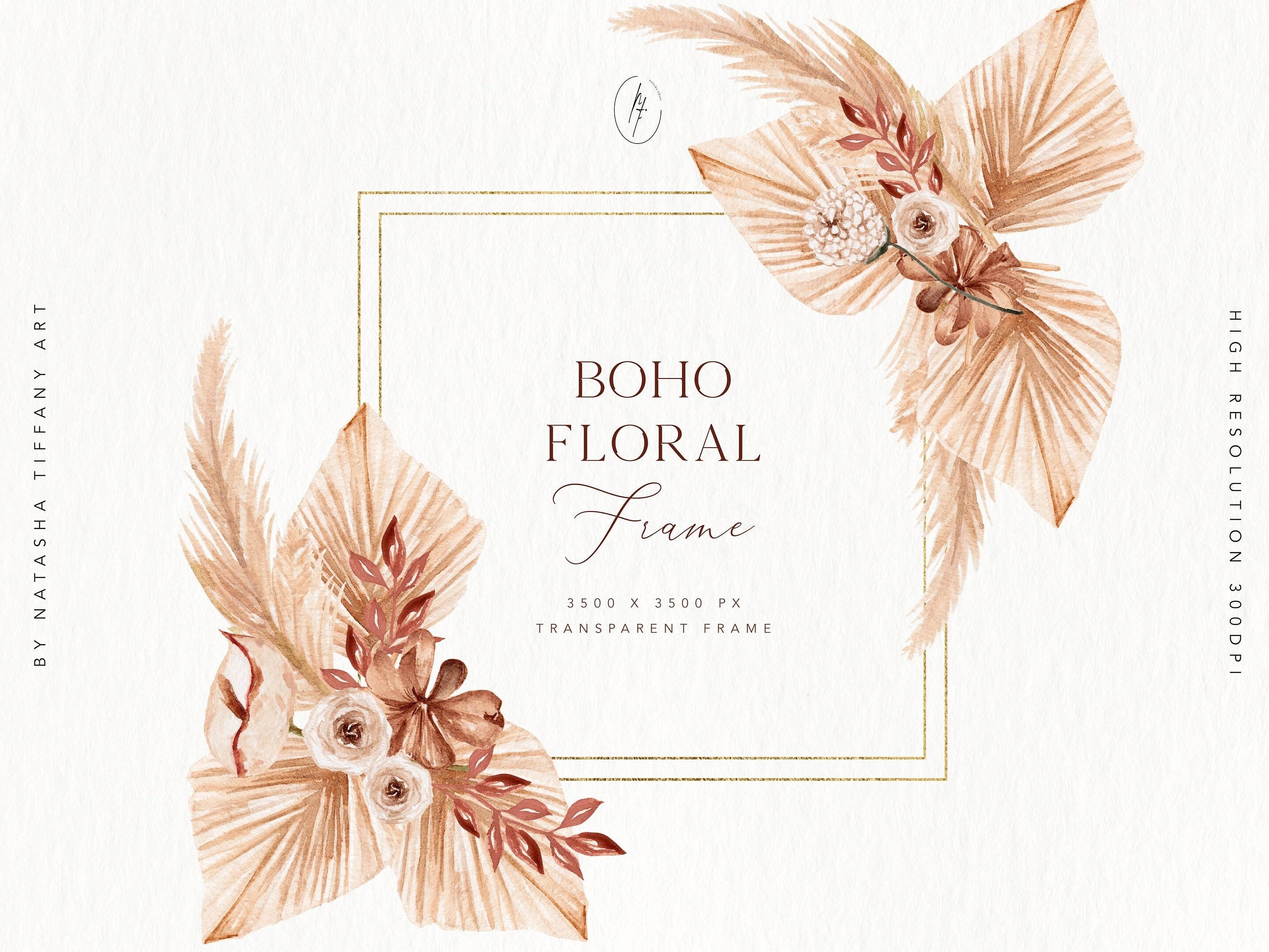 Boho Floral Frame Clipart,boho Floral Png,watercolor Floral Clipart ...