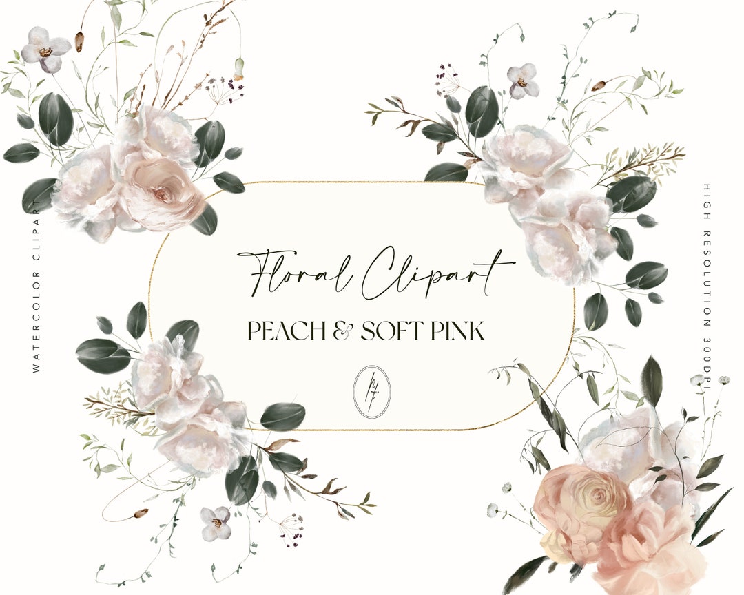 Watercolor Floral Clipart, Peach Pink Flowers, Frames, Bouquets (PNG ...
