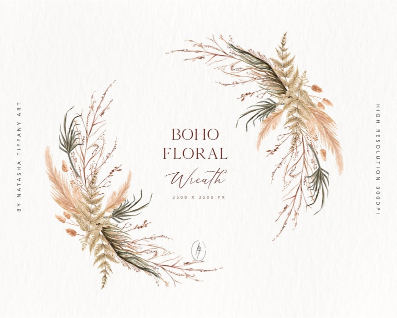 Boho Floral Wreath Clipart,boho Floral Frame,watercolor Floral Clipart ...