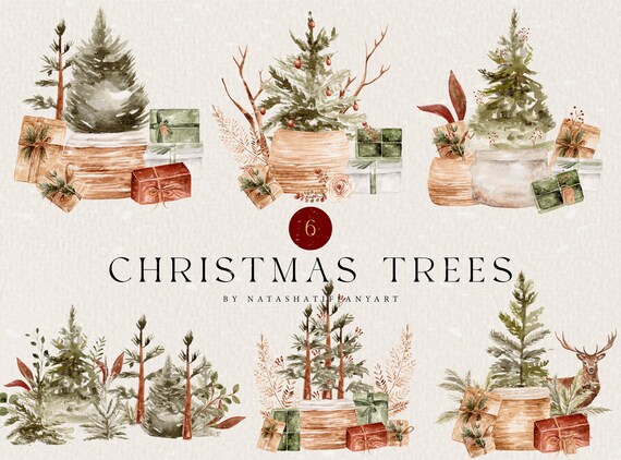 Watercolor Christmas Tree Clipart Rustic Christmas Decor | Etsy