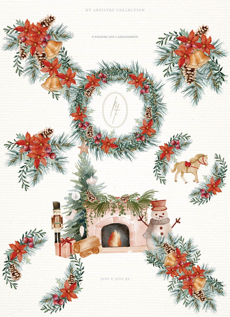 Christmas Wreath Clipart, Watercolor Christmas Clipart, Floral Clipart ...