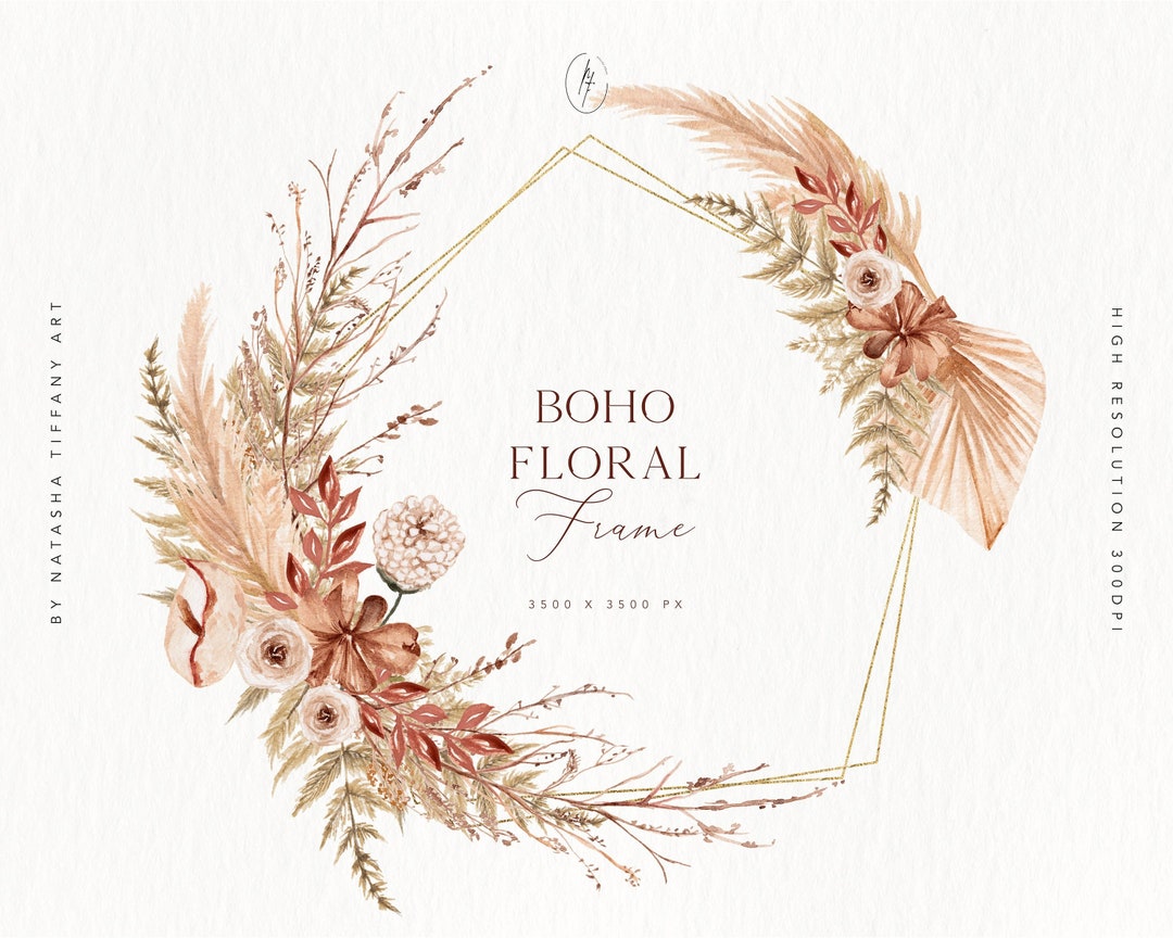 Boho Floral Frame Clipart, Watercolor Flower Wreath (PNG) - Etsy Australia