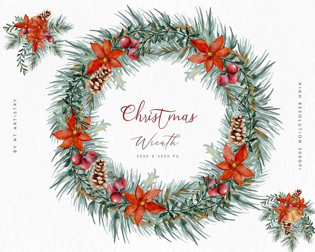 Christmas Wreath Clipart, Watercolor Christmas Clipart, Floral Clipart ...