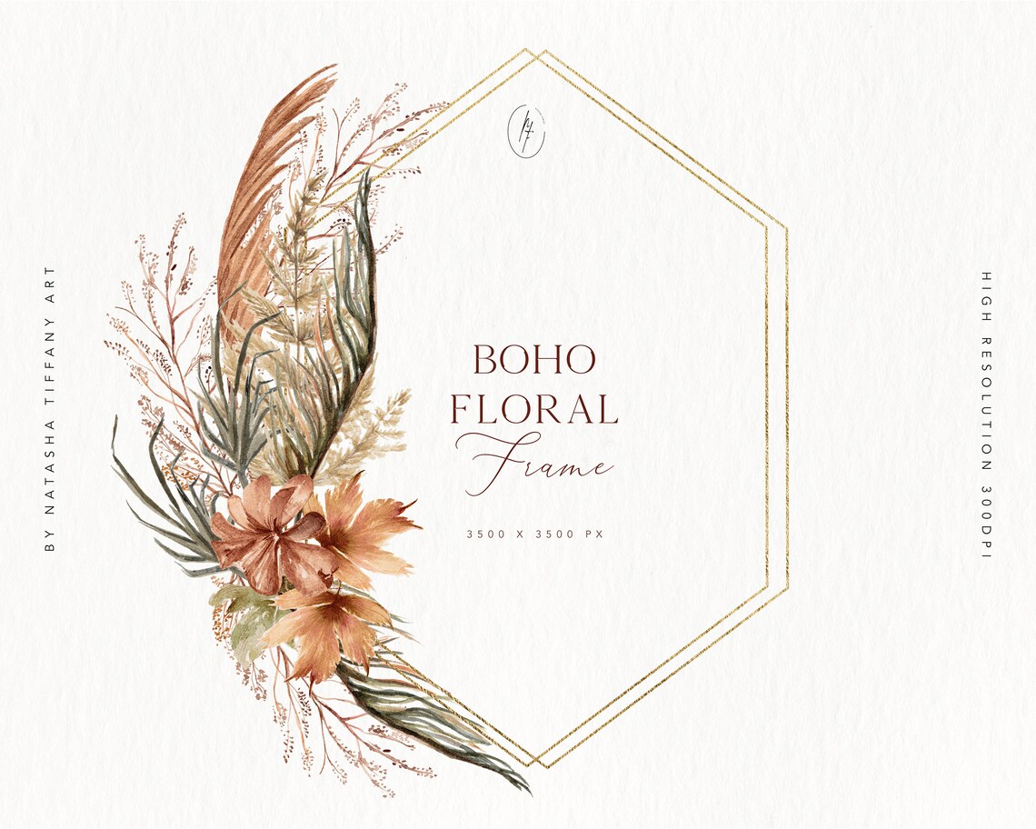 Boho Floral Frame Clipart,boho Floral Png,watercolor Floral Clipart ...