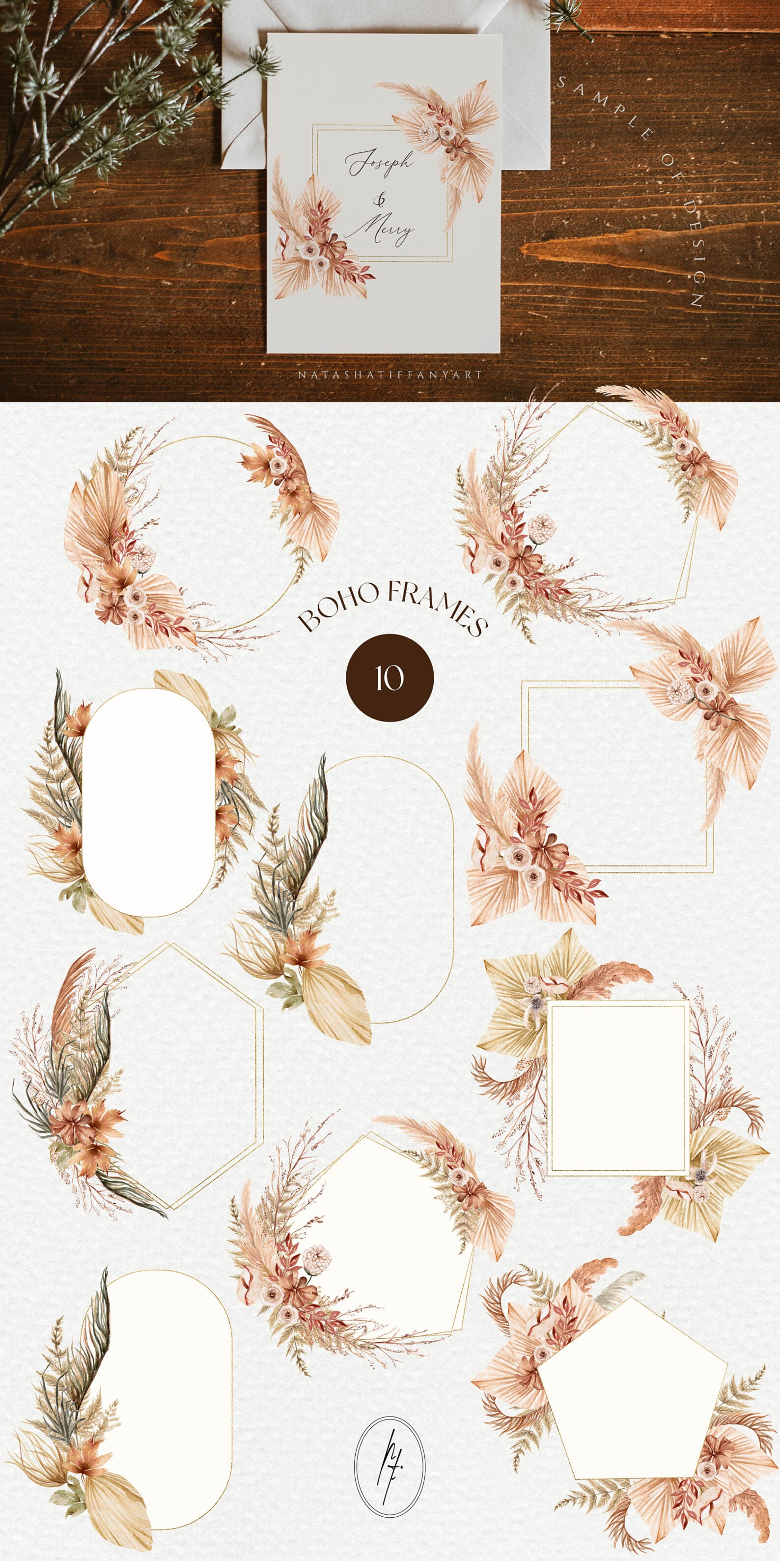 Boho Floral Clipart, Boho Frame, Pampas, Dried Flowers, Palms ...