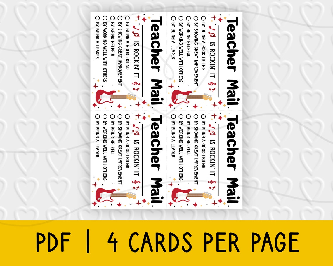 Teacher Mail Rock N Roll Music Brag Cards | Positive Notes to Send Home ...