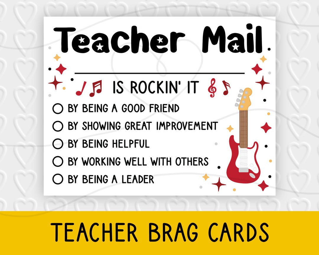 Teacher Mail Rock N Roll Music Brag Cards | Positive Notes to Send Home ...