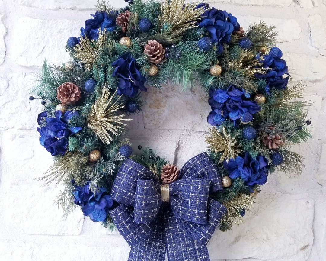 Blue and Gold Winter Wreath for the Holidays, Large Navy Blue Hydrangea ...