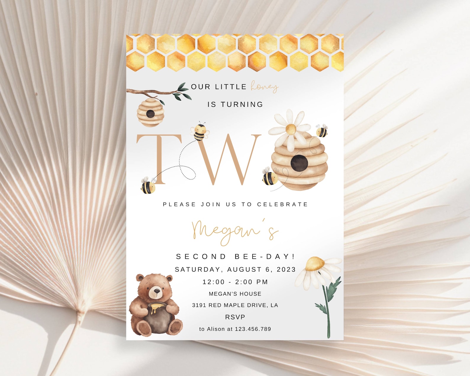 Editable Bee Birthday Invitation, Honey Bee Birthday Party, Bee 2nd ...